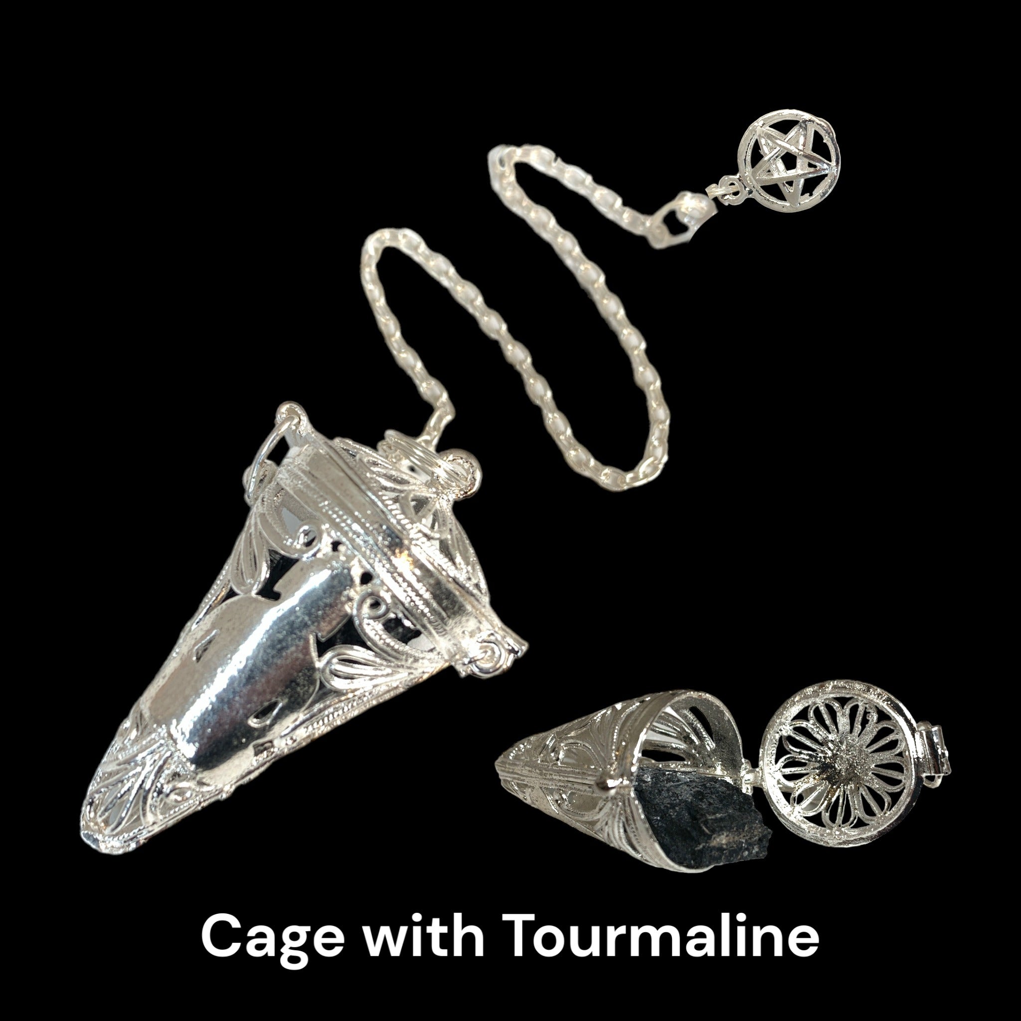 Silver Pentacle Filigree Cage Pendulum with Raw Black Tourmaline - 55m ...